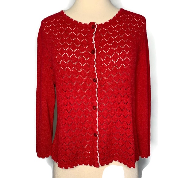 Sweaters | Vintage European Berry Red White Trim Open Crochet Knit 34 ...